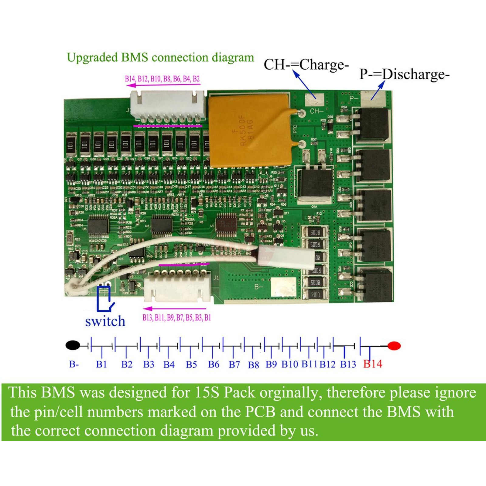 14S 30A BMS/PCM for 52V new polly downtube casing battery with larger ...