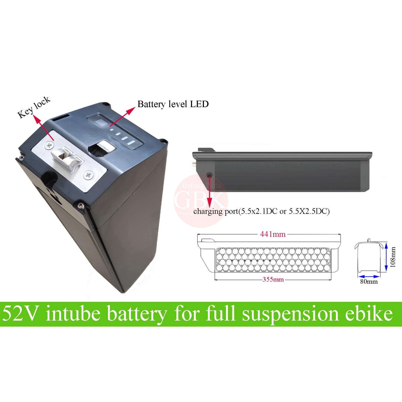 52V 20AH battery for Dengfu E55 or E56 frame - GreenBikeKit BBS, ebike ...