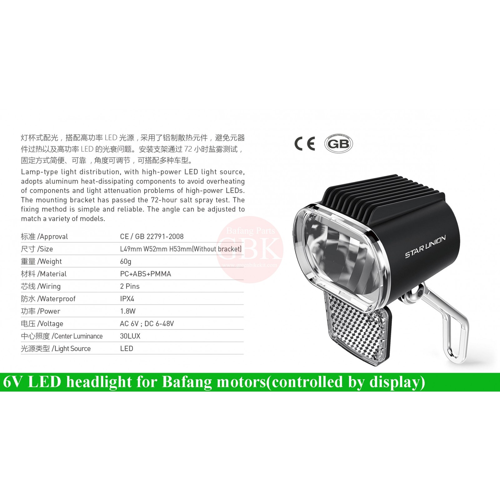 ebike 6V LED headlight for Bafang BBS controlled by display-greenbikekit.com BBS, ebike ...