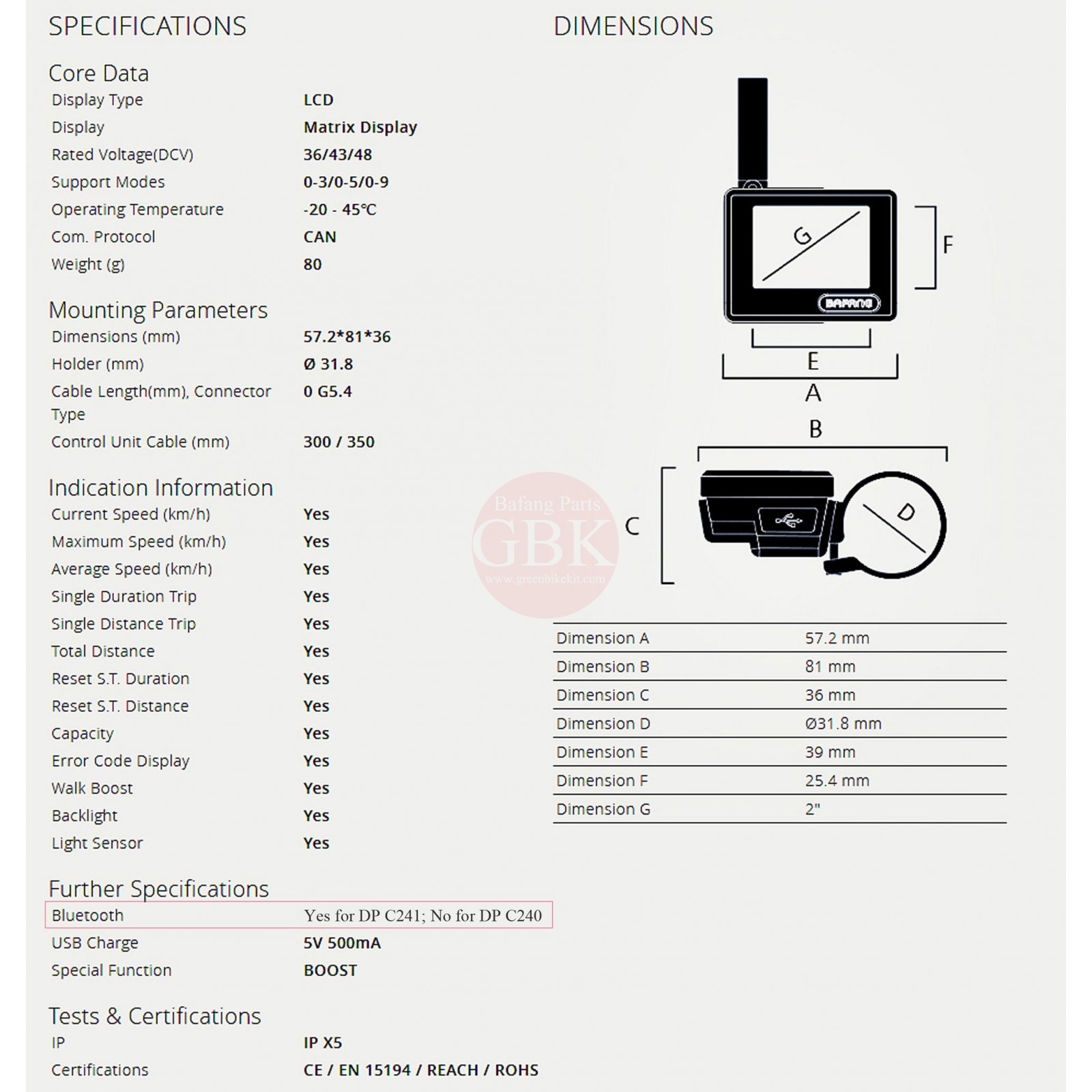 Bafang DP C245 / C241 /DP C240 CAN display for M500 M600 M800 M420 M620 ...