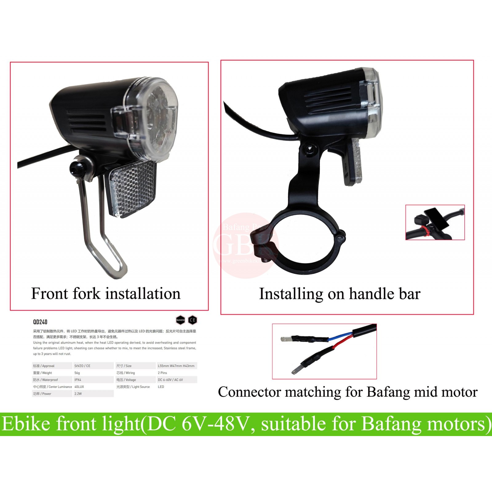 ebike front light for bafang mid motor DC6V-52V head light-Greenbikekit.com BBS, ebike batteries ...