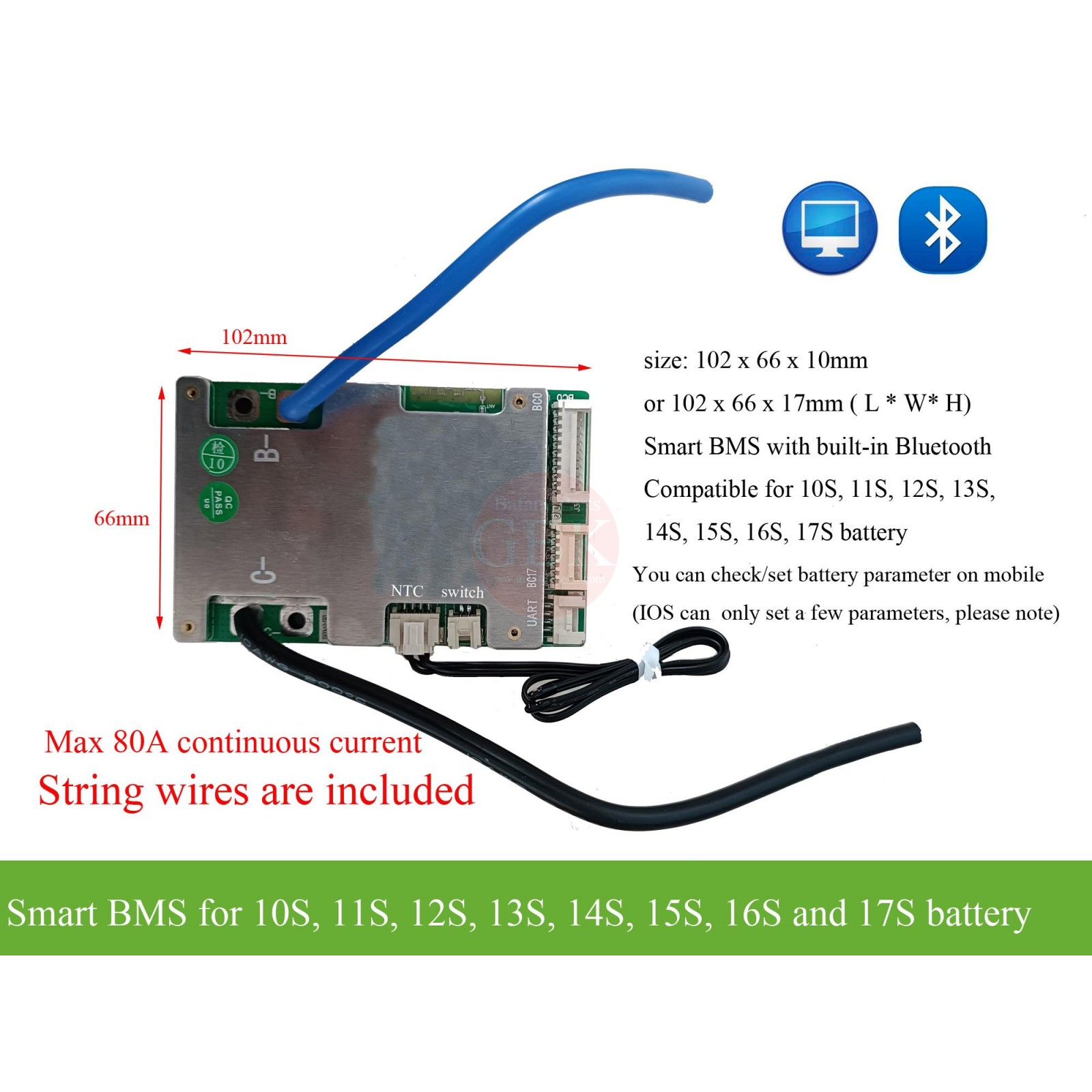 Smart BMS for 10S 11S 12S 13S 14S 15S 16S 17S 48V 52V 40A 60A 80A with ...