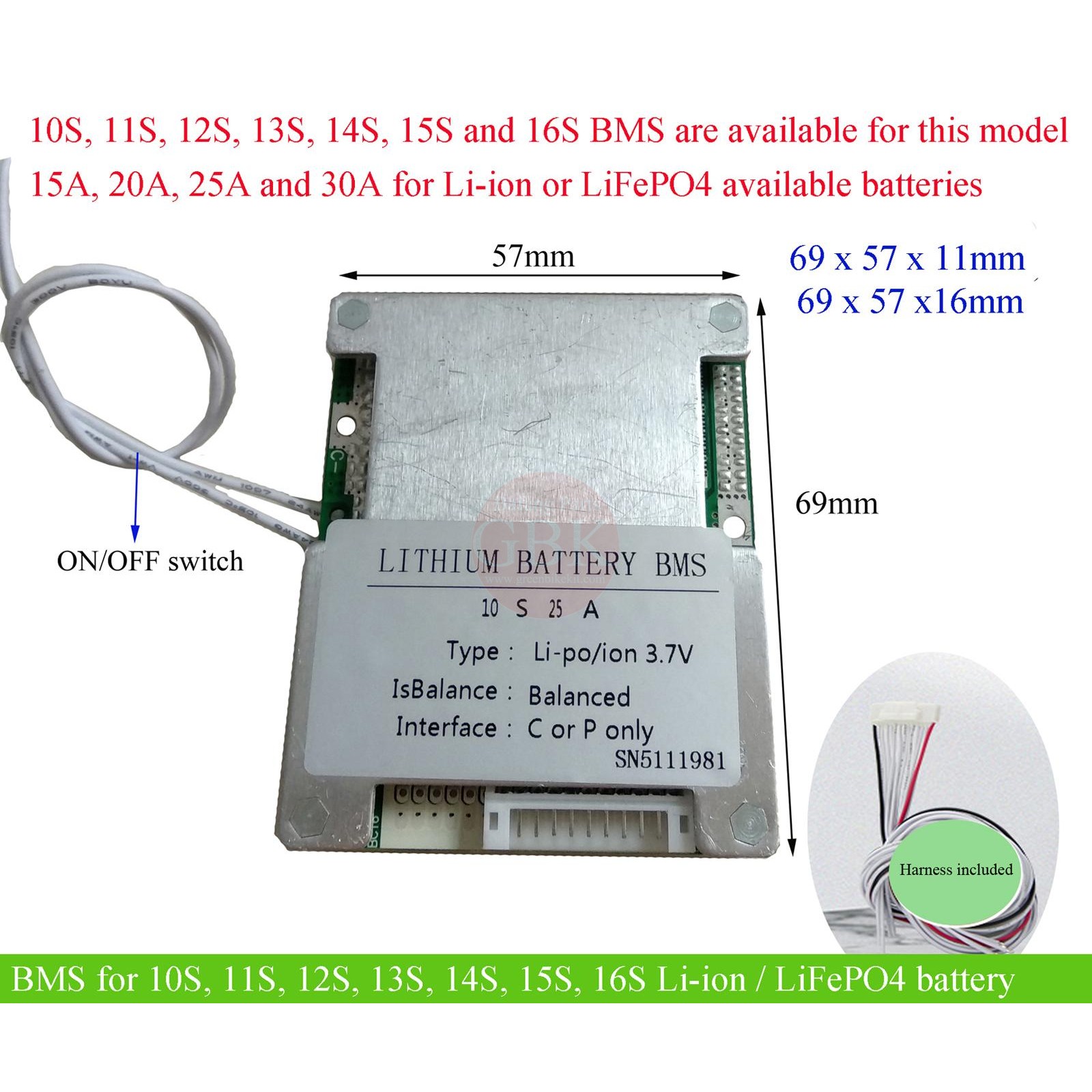 Ebike BMS 10S 11S 12S 13S 14S 15S 16S 15A~ 30A LiFePO4 or Li-ion ...