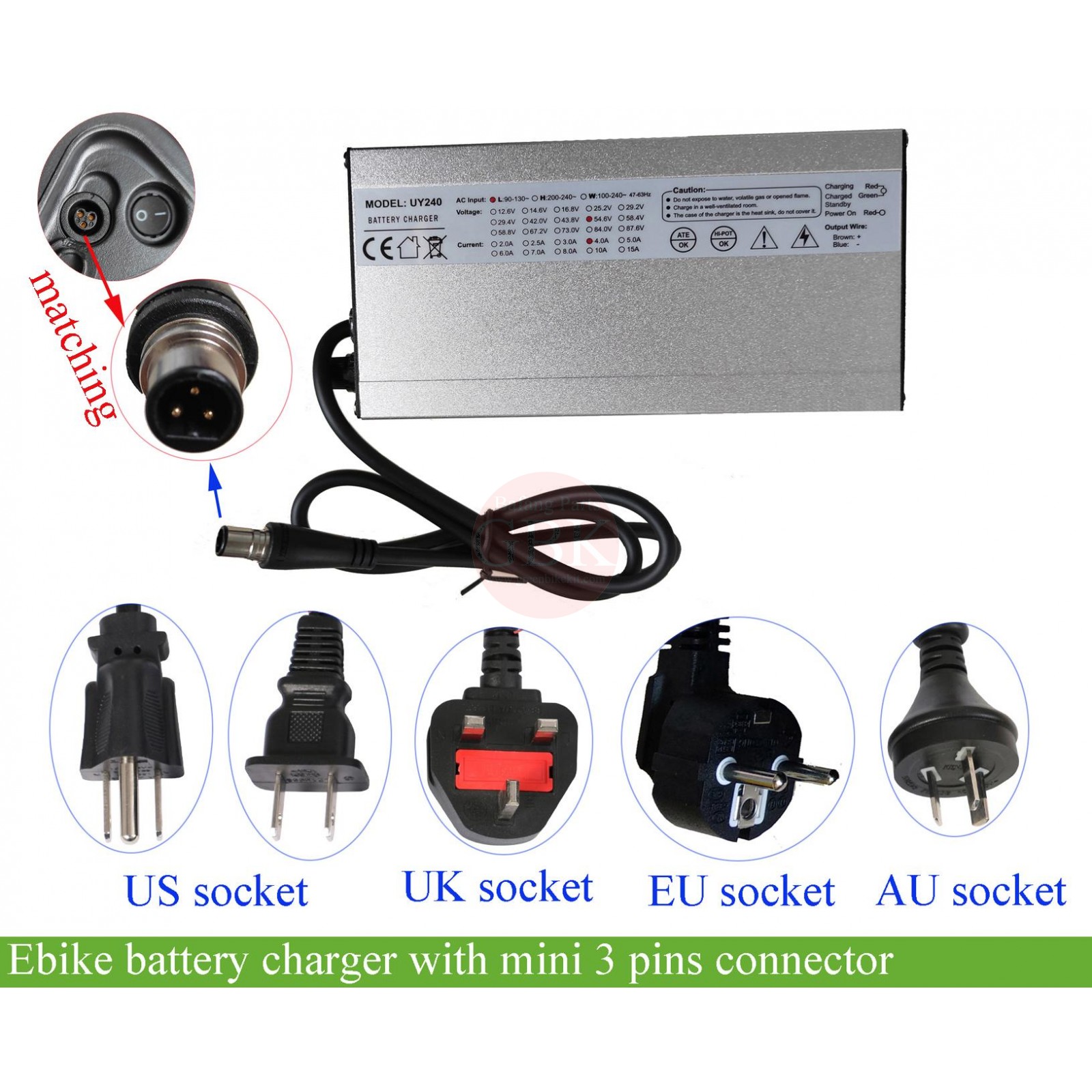 Ebike battery charger with 3 pins mini XLR connector for 36V 48V 52V ...